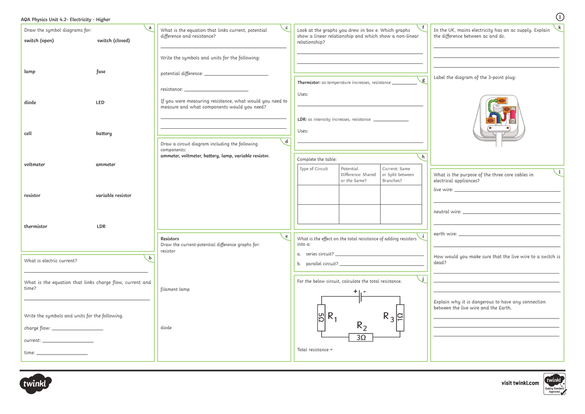 AQA GCSE Physics Electricity Revision Mat: Key Concepts and Equations ...