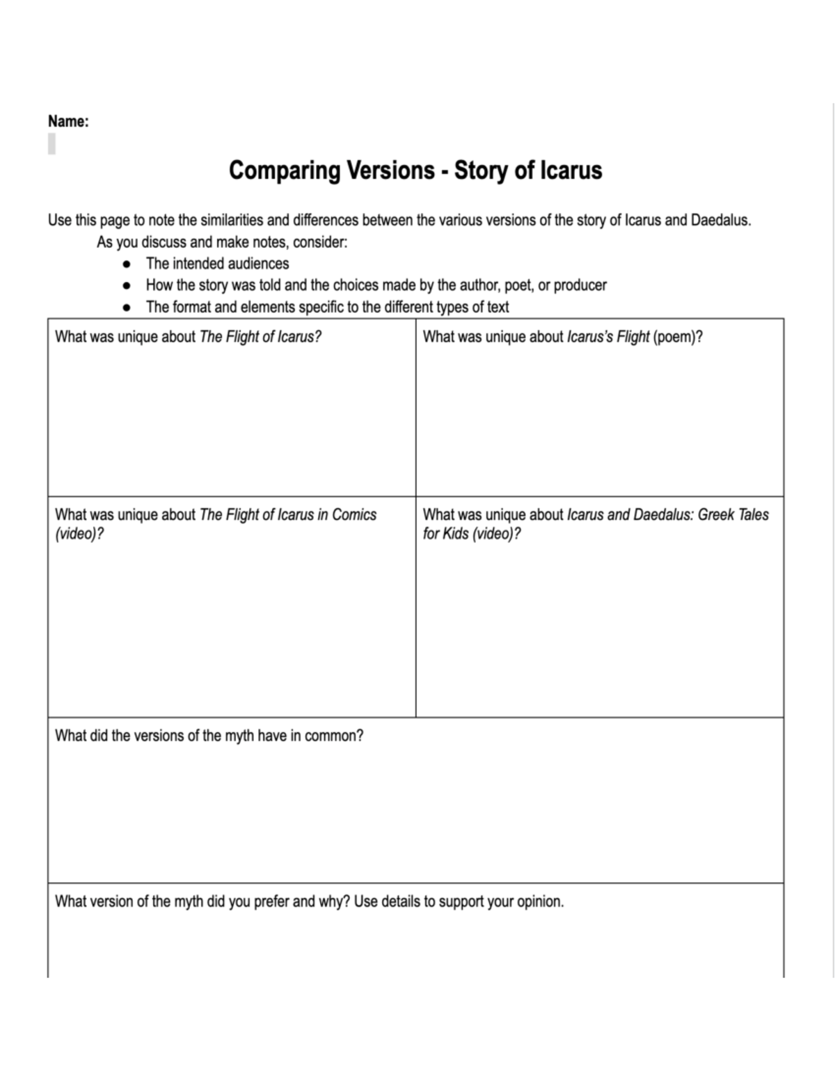 Comparing Graphic Organizer - Name: Comparing Versions Story of Icarus ...