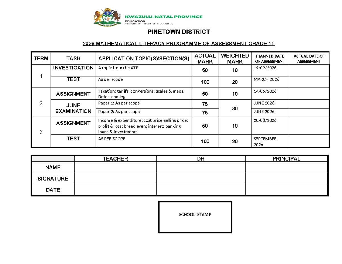 Gr11 POA 2026 - Programme of assessment - PINETOWN DISTRICT 2026 ...