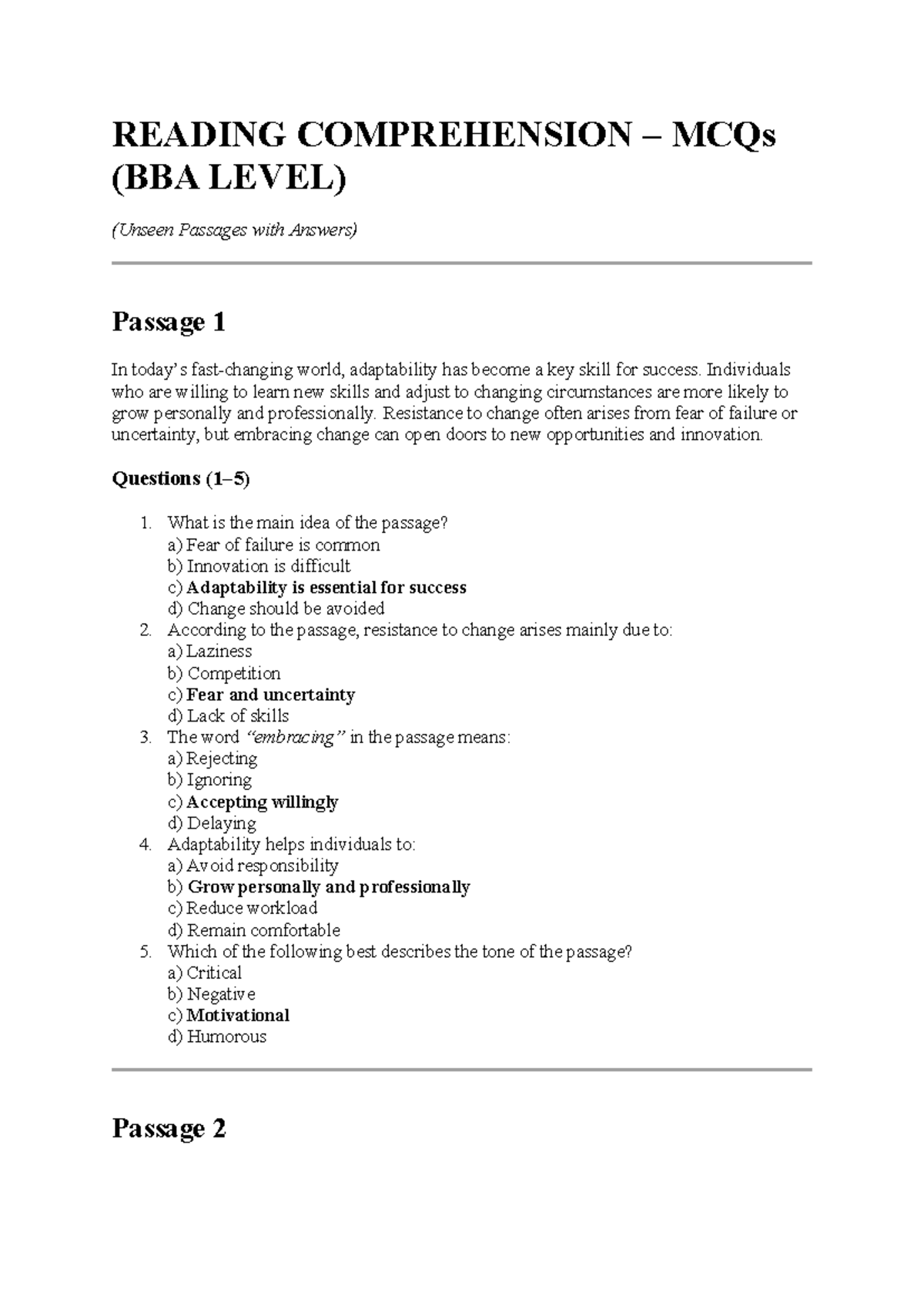 BBA Level Reading Comprehension MCQs: Unseen Passages & Answers - Studocu