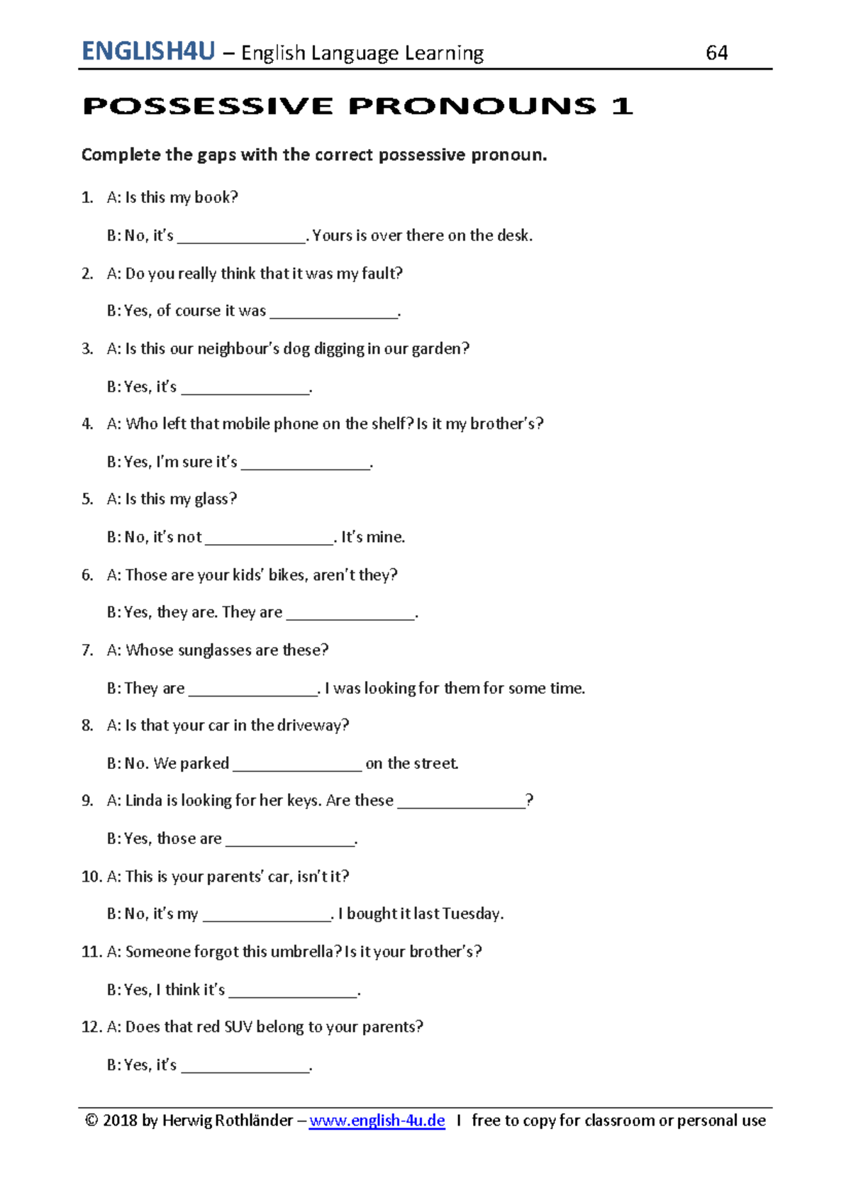 ENGLISH4U Practice on Possessive Pronouns 1 & 2 - Studocu