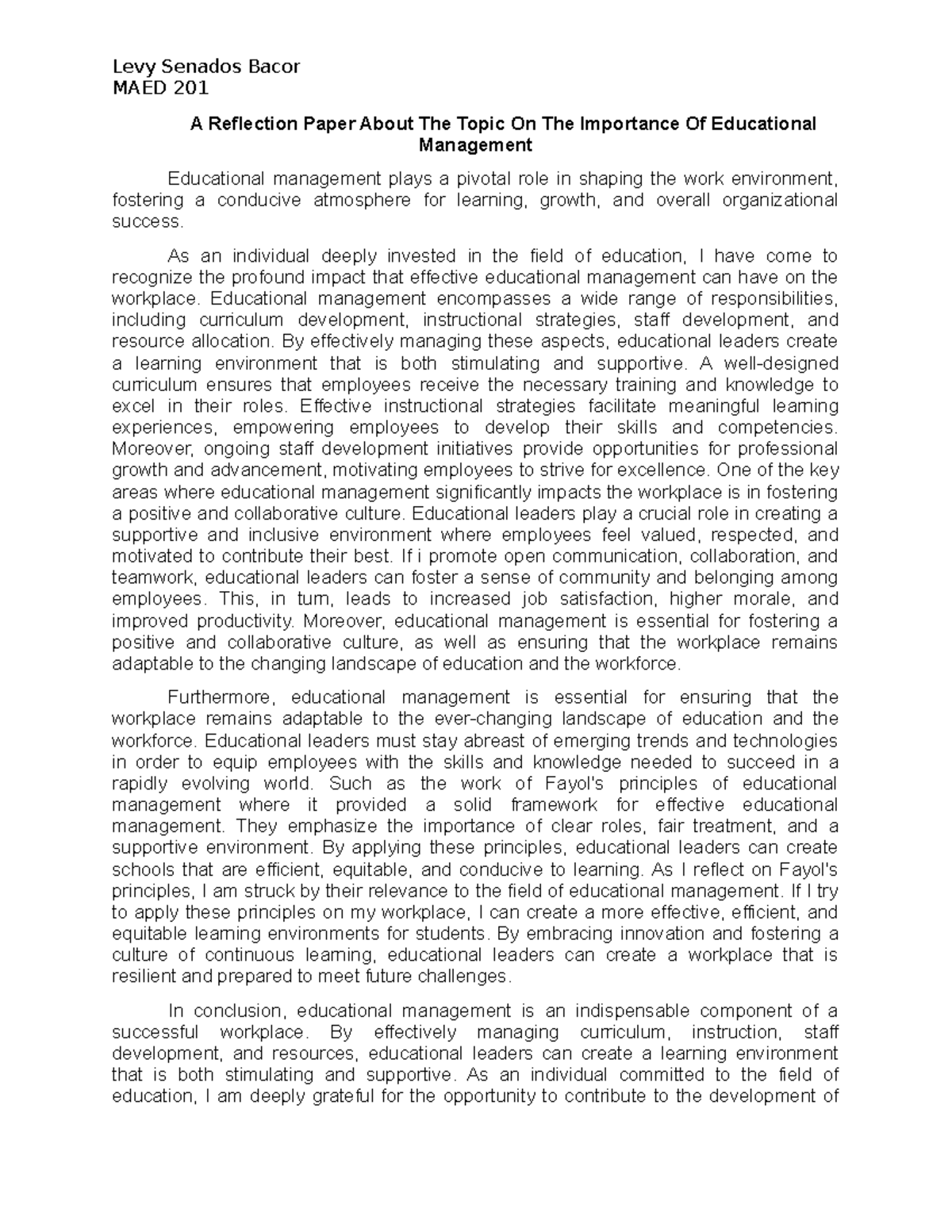 MAED 201 Reflective Paper on the Importance of Educational Management - Studocu