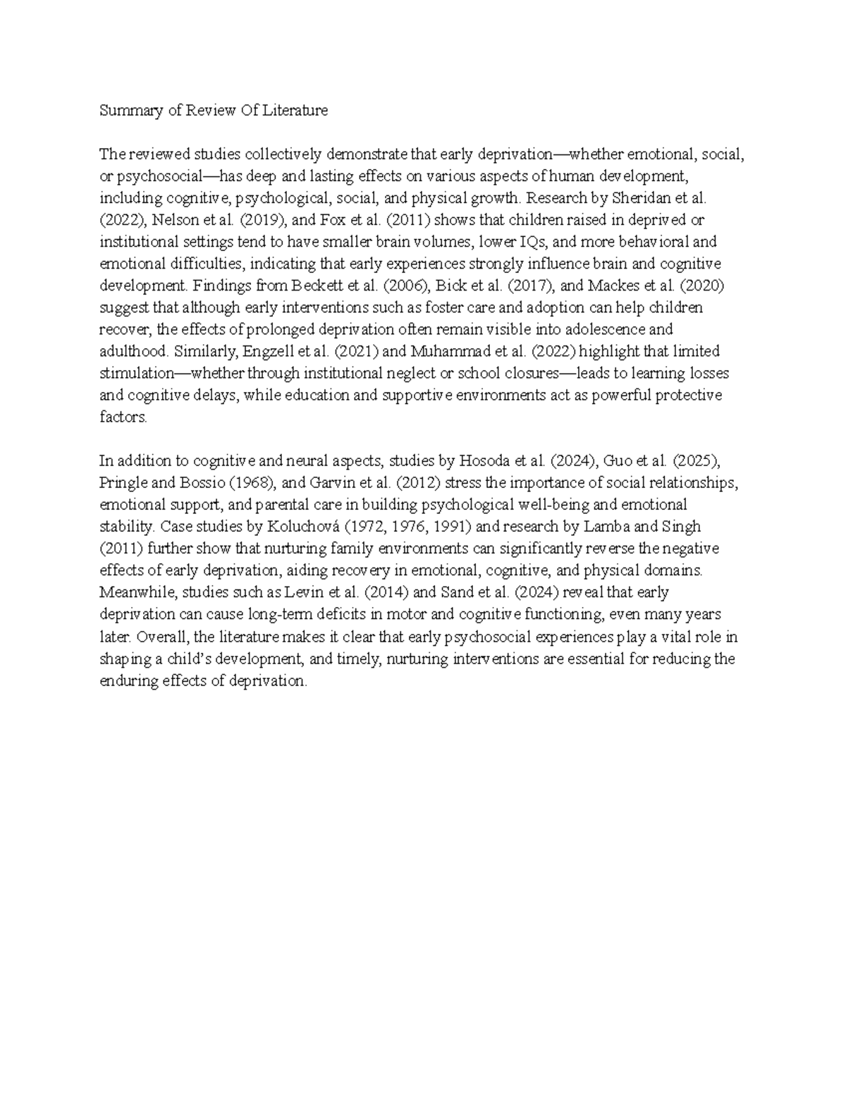 Review of Literature Summary: Early Developmental Impacts - Studocu