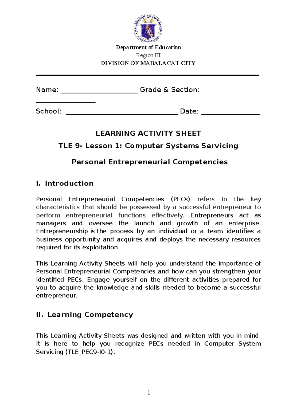 CSS Q1 Wk1: Personal Entrepreneurial Competencies Learning Activity ...