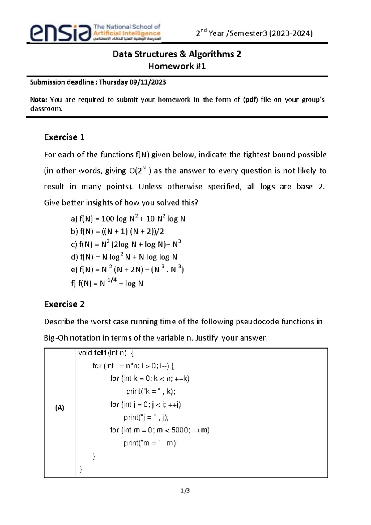 Homework 01 - 1/ 2 nd Year /Semester3 (2023-2024) Data Structures ...