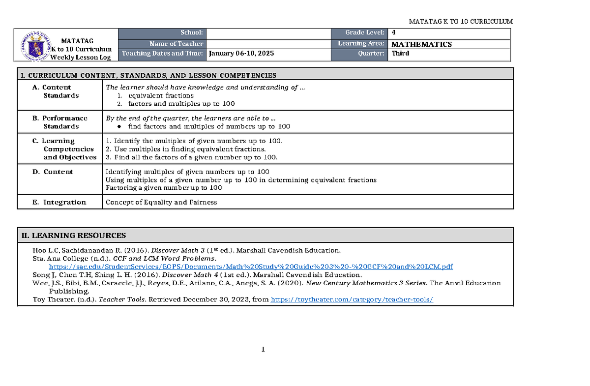 MATATAG MATH 4 Q3 Week 2 Lesson Log: Multiples & Fractions - Studocu