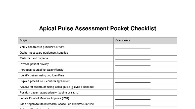 Apical Pulse Assessment Checklist: Steps & Comments - Studocu