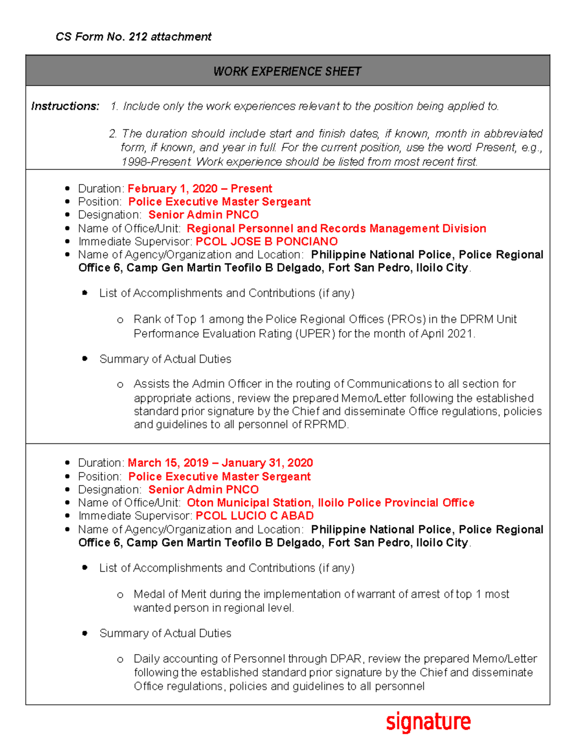 668782145 Sample Work Exp Sheet - CS Form No. 212 attachment WORK ...