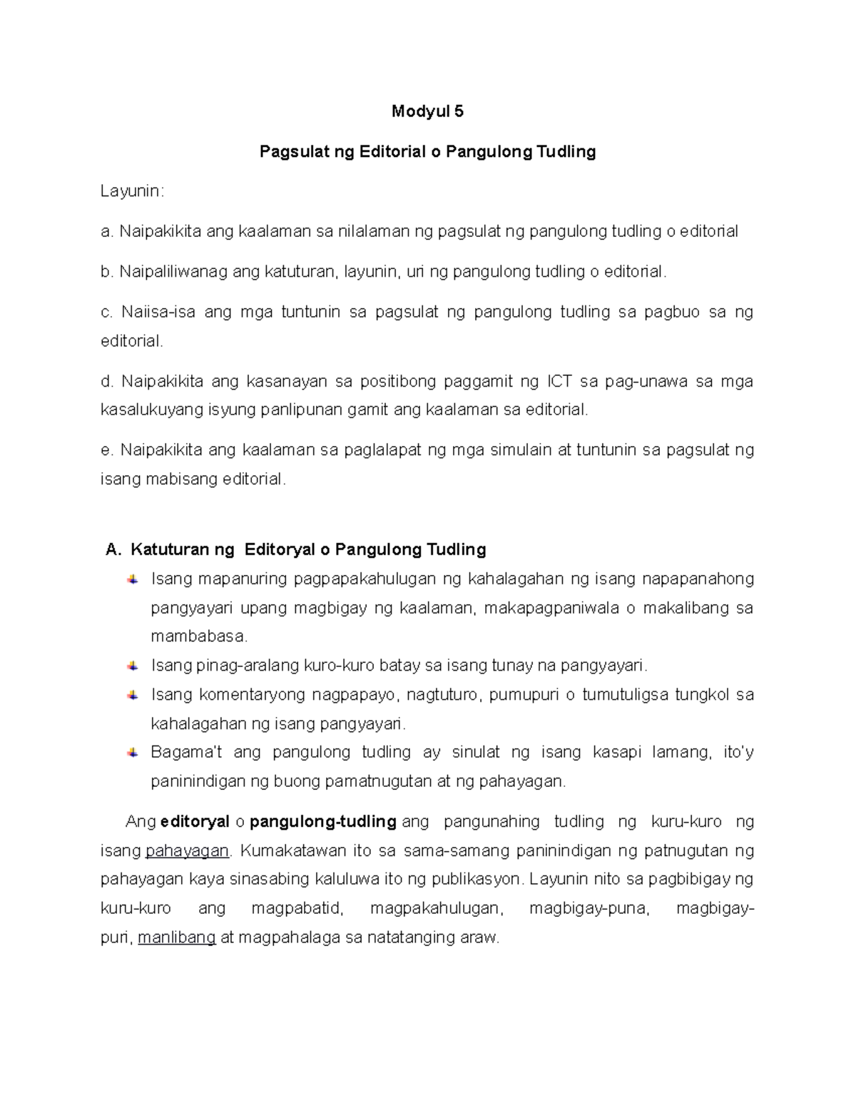 Modyul 5: Pagsulat ng Editoryal o Pangulong Tudling - Studocu