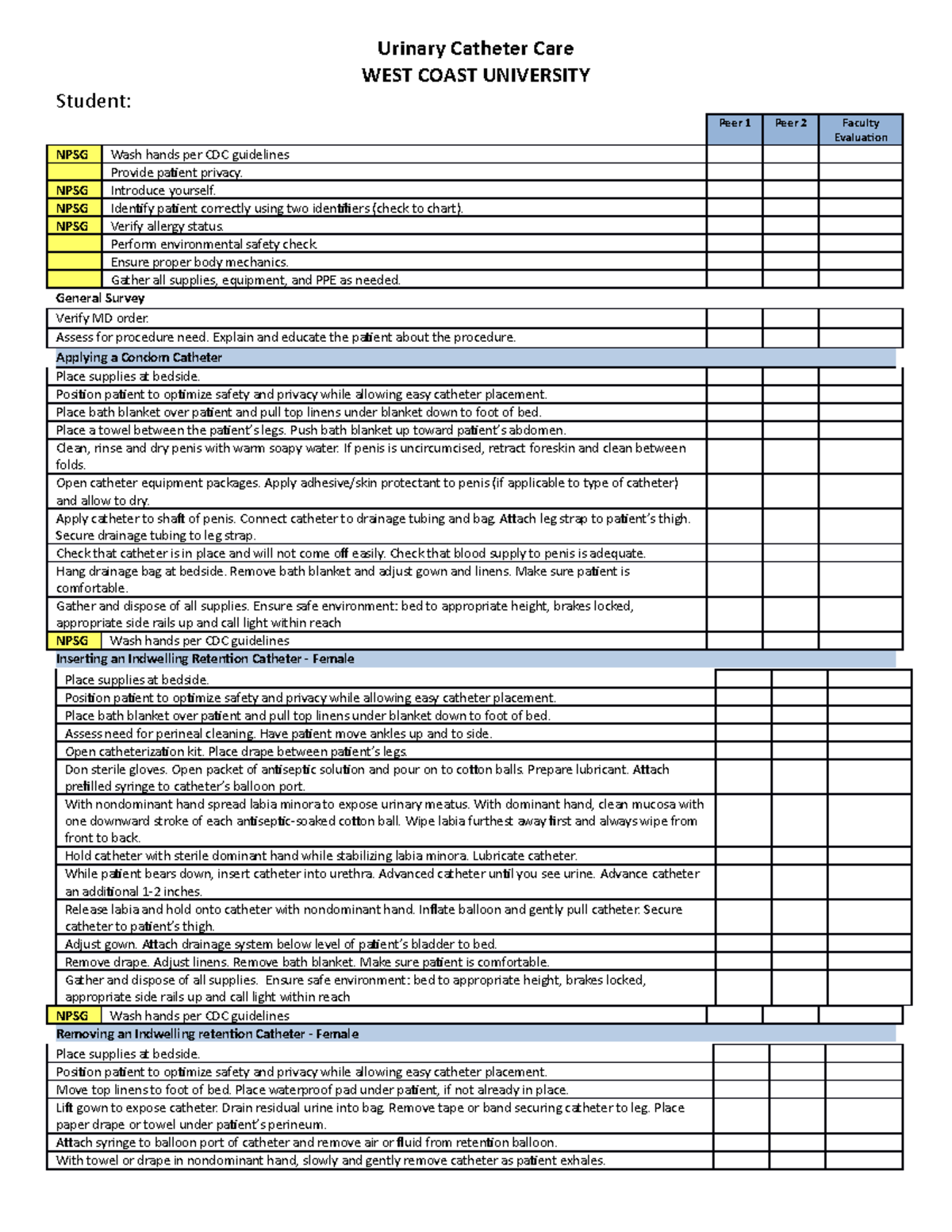 Urinary Catheter Care Checklist 2020 - Urinary Catheter Care WEST COAST ...