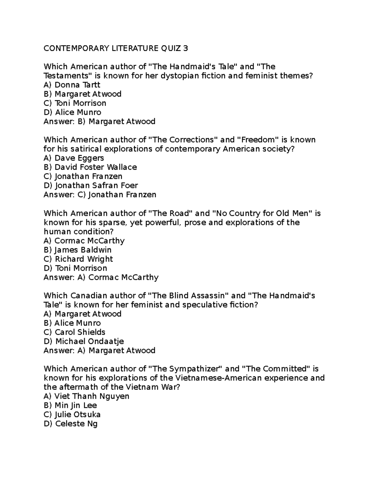 Contemporary Literature QUIZ 3: Key Authors & Themes Explained - Studocu