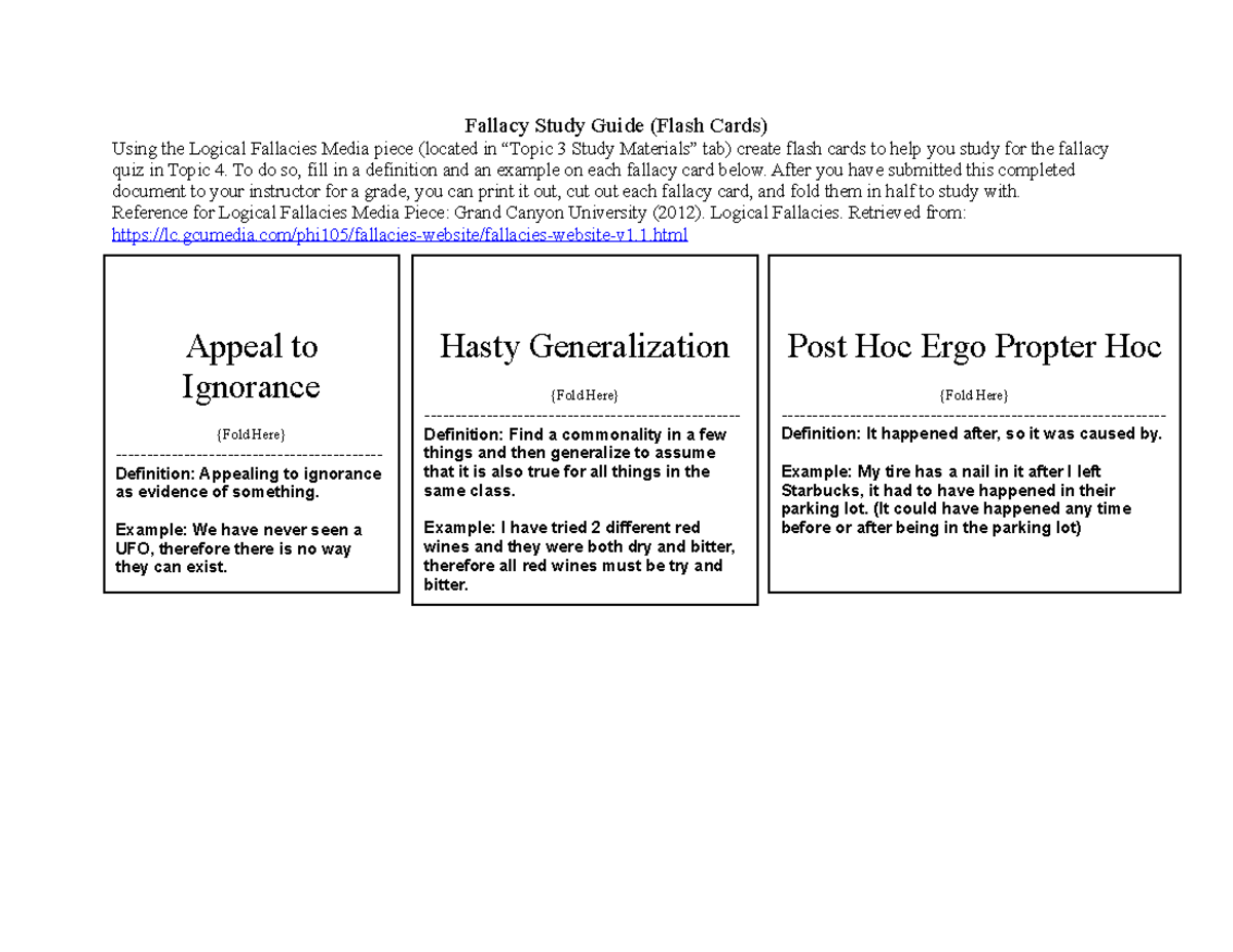 Fallacy Quiz Study Guide - PHI105 - Flash Cards for Exam - Studocu