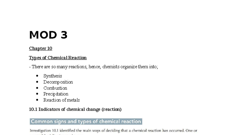 MOD 3 Chemistry Chapter 10: Types of Chemical Reactions - Studocu