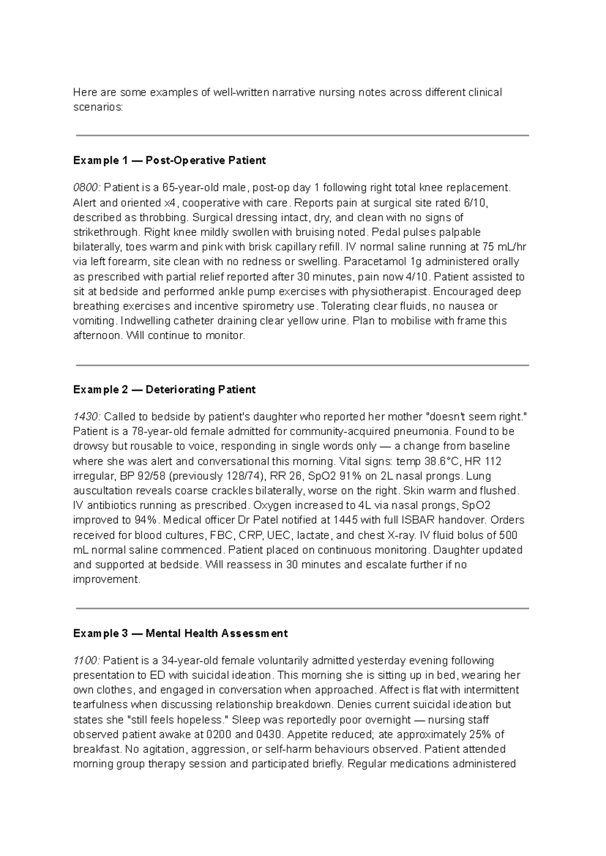 Nursing Narrative Notes: Clinical Scenarios & Patient Assessments - Studocu