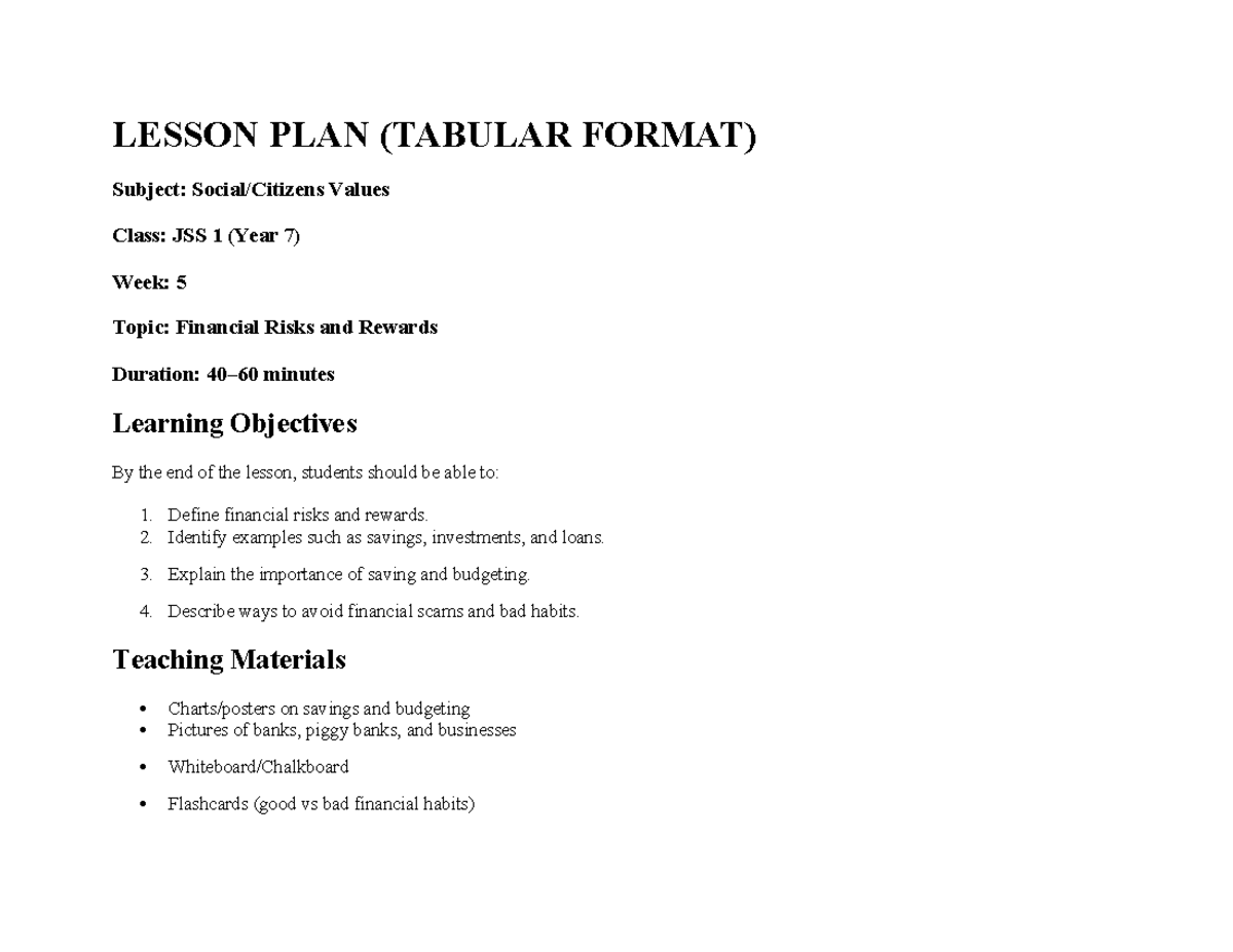 LESSON PLAN: Financial Risks & Rewards - JSS 1 (WK 5) - Studocu