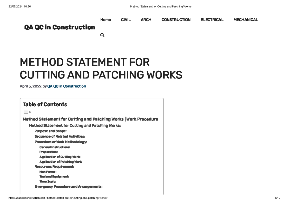 Method Statement for Cutting and Patching Works | QA QC in Construction - Studocu