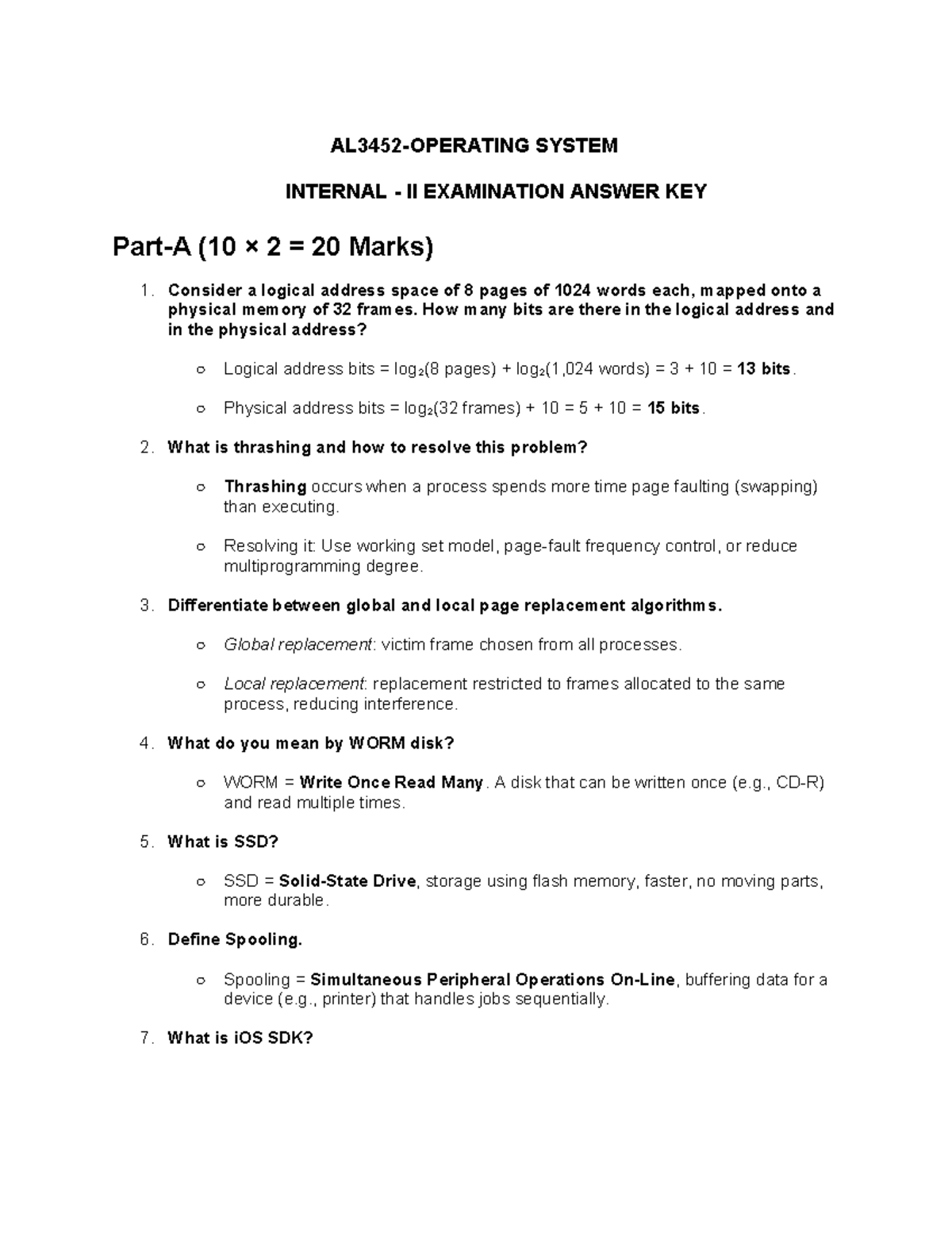 AL3452 - Operating System II Final Exam Answer Key and Solutions - Studocu