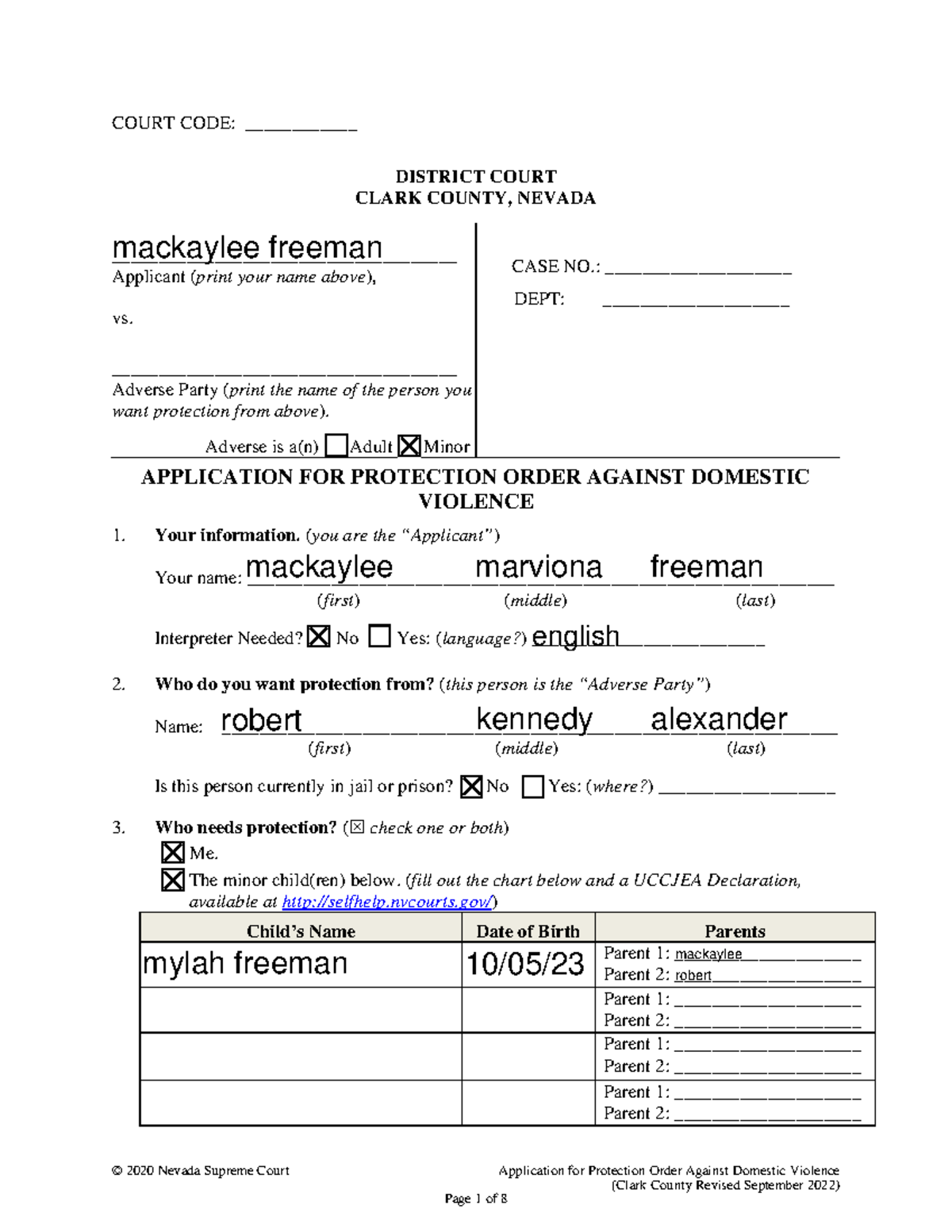 Nevada Domestic Violence Protection Order Application (Clark County ...