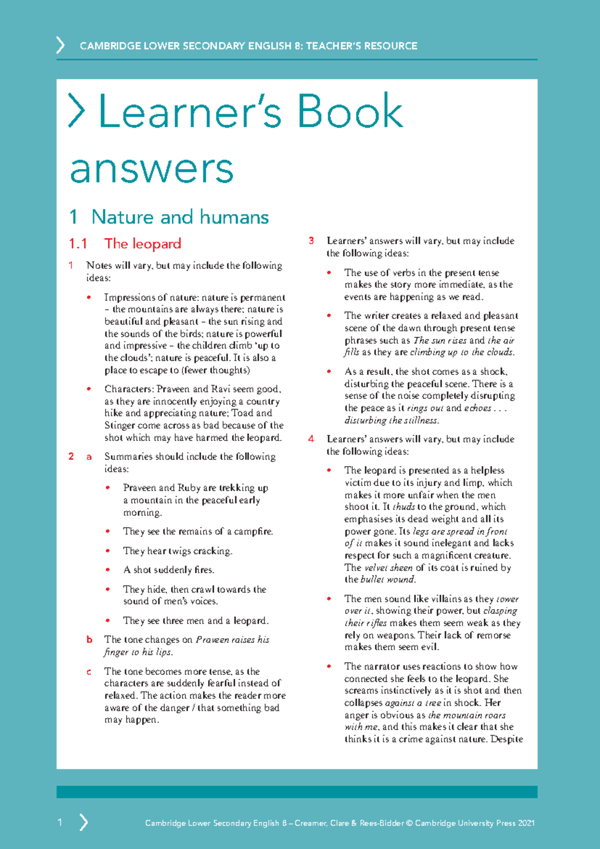 Learner answer English 8 - Learner’s Book answers 1 Nature and humans 1 ...