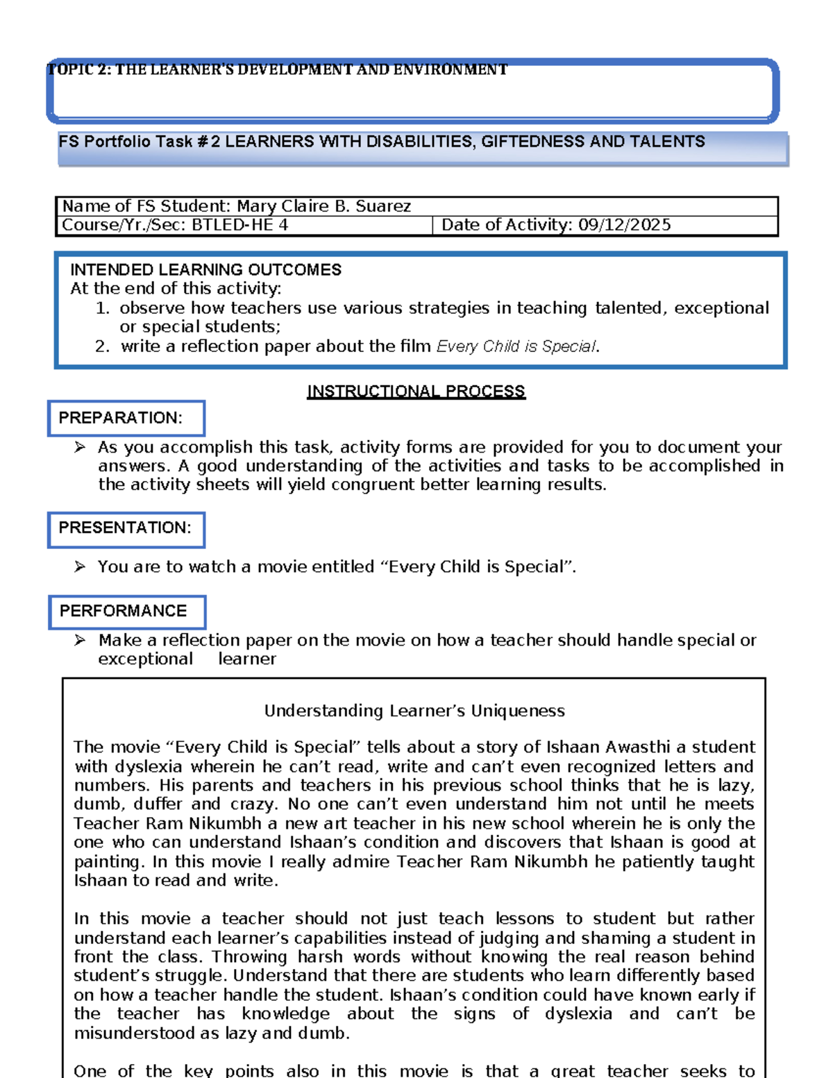 FS Portfolio Task 2: Reflection on "Every Child is Special" - Studocu