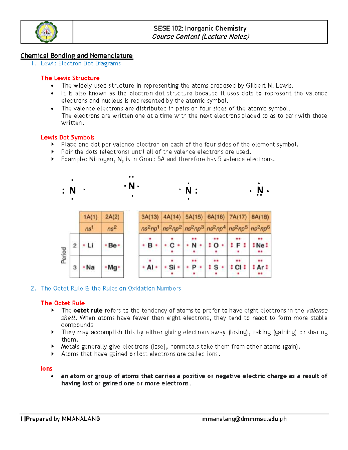 SESE 102: Inorganic Chemistry Lecture Notes on Chemical Bonding and ...