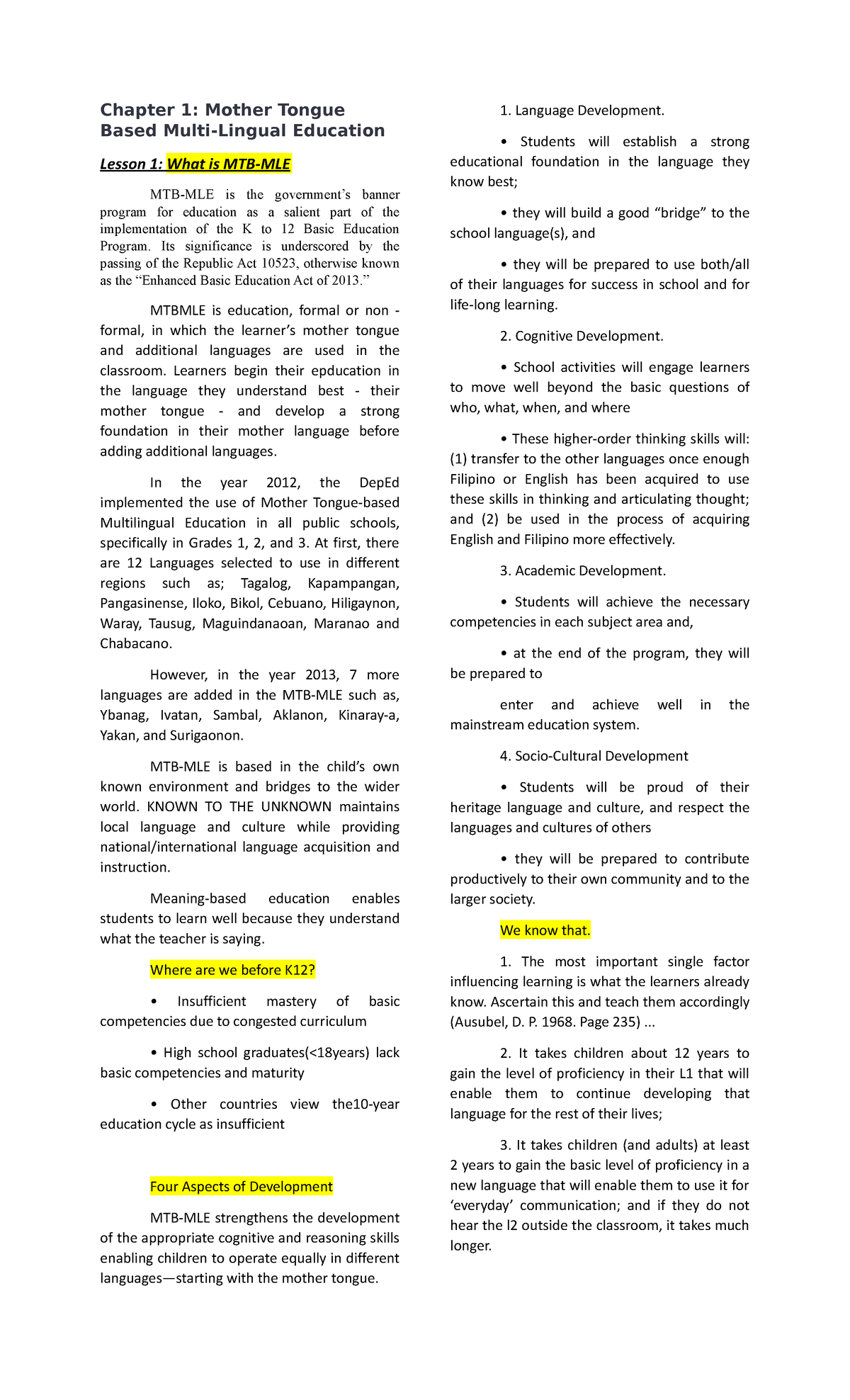 Pointers IN 314 - MTB MLE - Chapter 1: Mother Tongue Based Multi-Lingual Education Lesson 1 ...