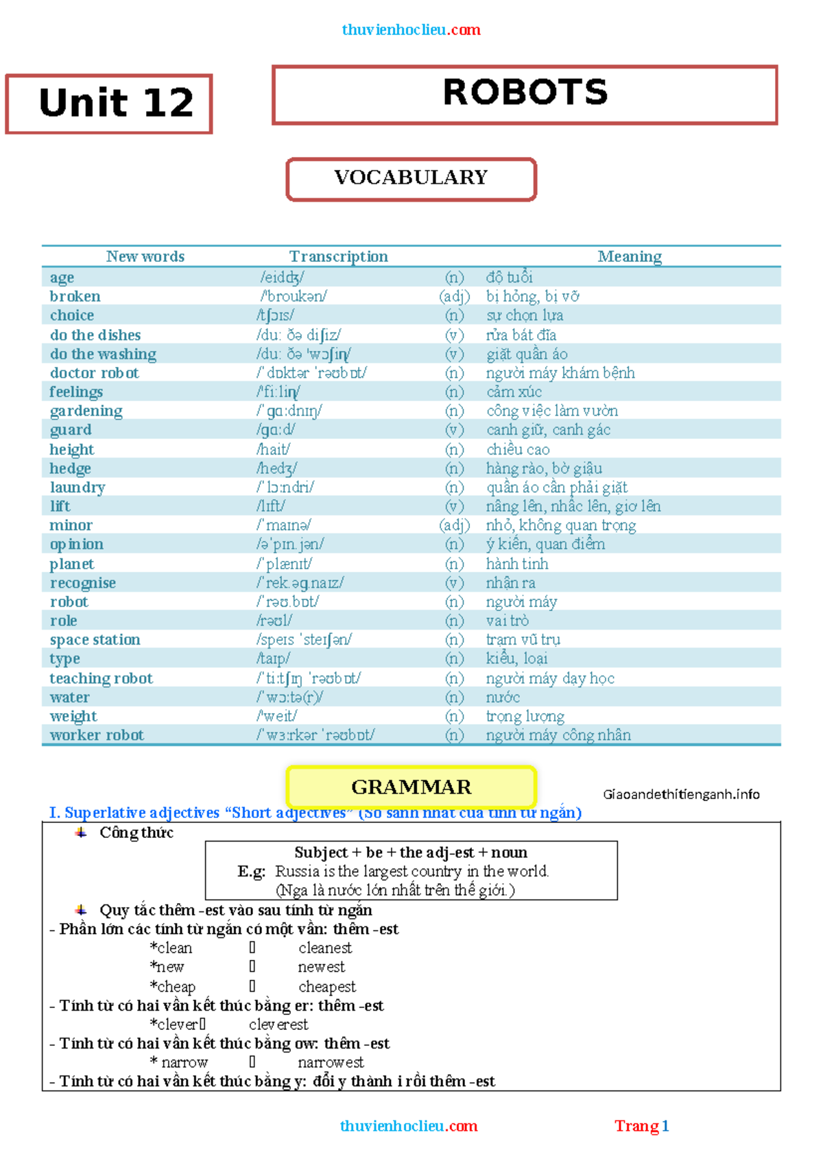 Unit 12 Vocabulary & Grammar: Robots (Thuvienhoclieu.com) - Studocu