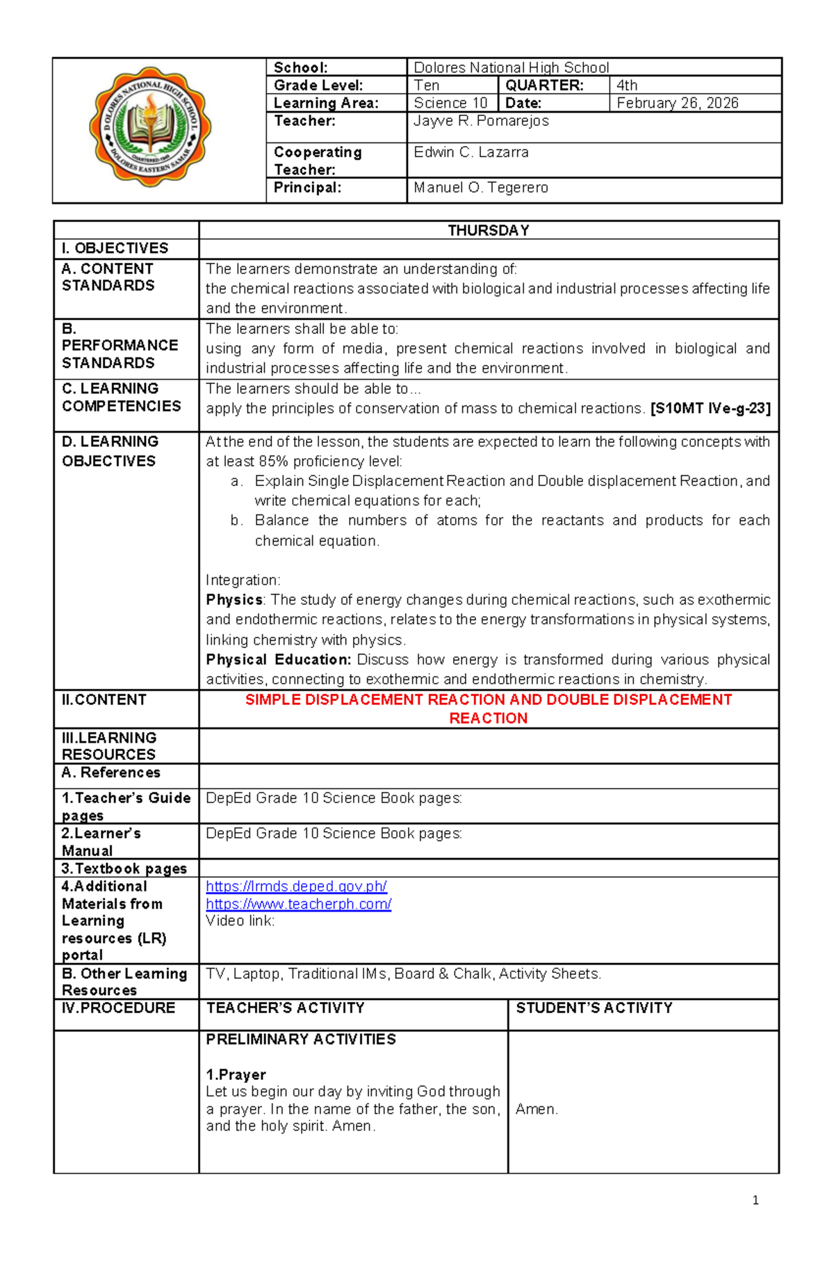 G10-4th Q-LP: Understanding Single & Double Displacement Reactions ...