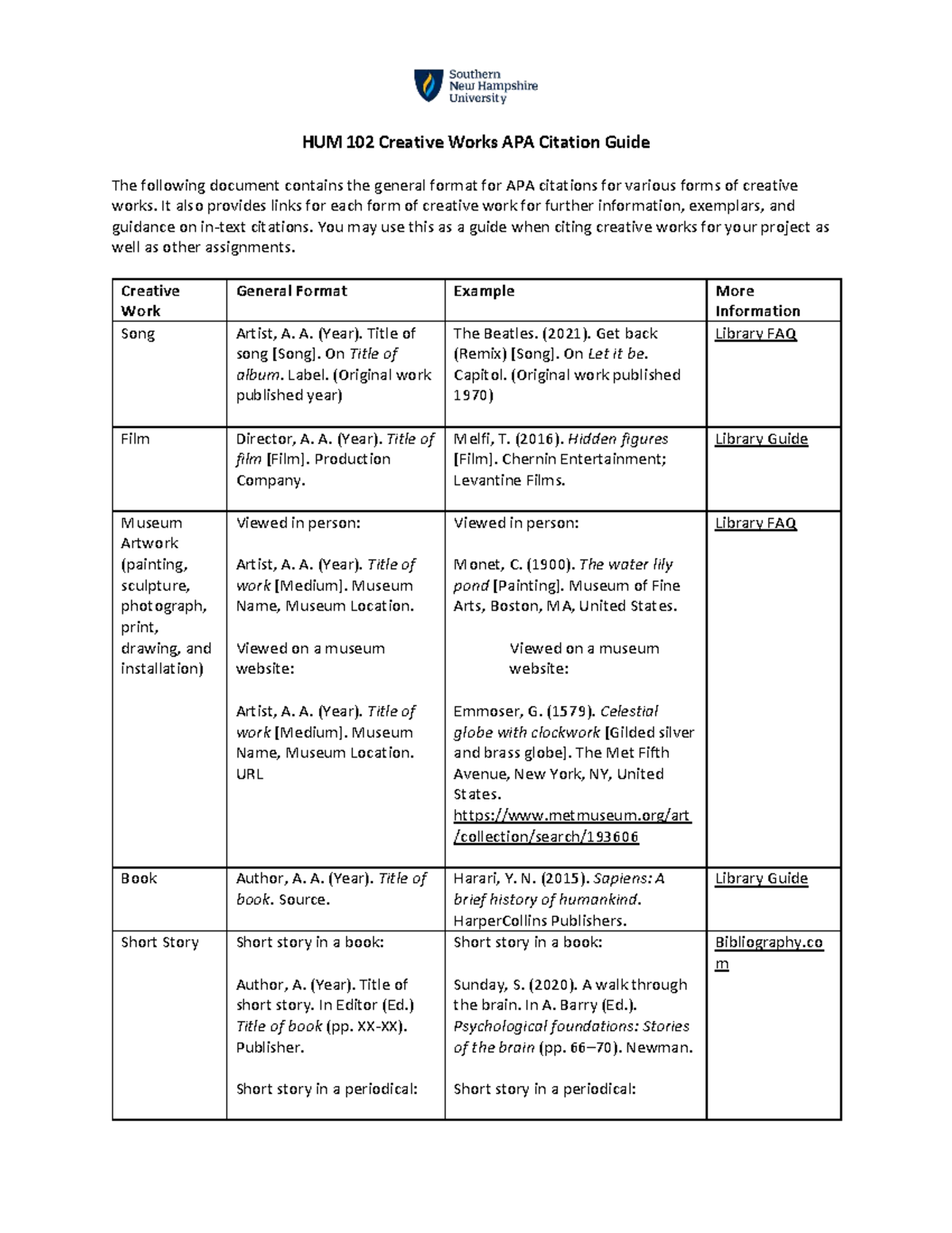 HUM 102 APA Citation Guide for Creative Works - Studocu