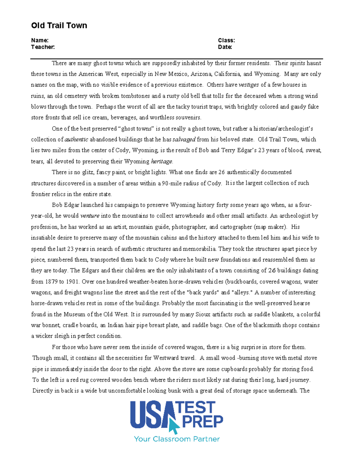 Old Trail Town: Preserved Ghost Towns of the American West - Worksheet ...