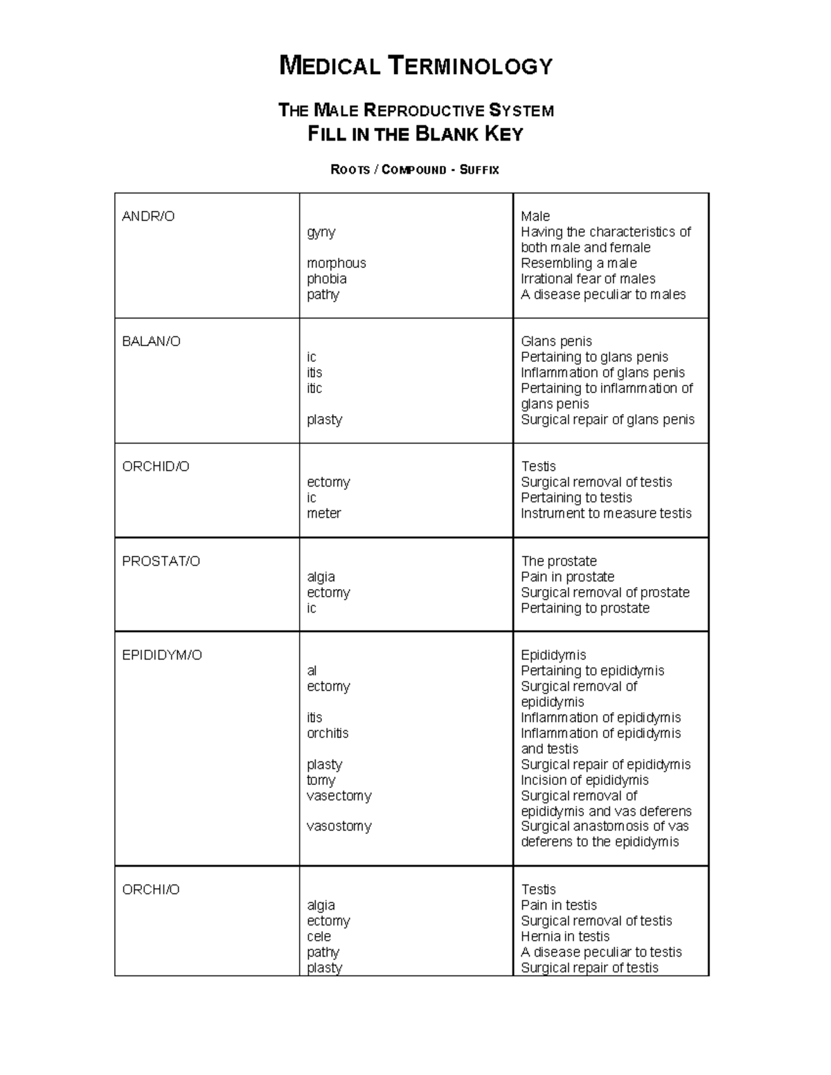 MED 6 - Male Reproductive System Terminology Fill-in-the-Blank Key ...