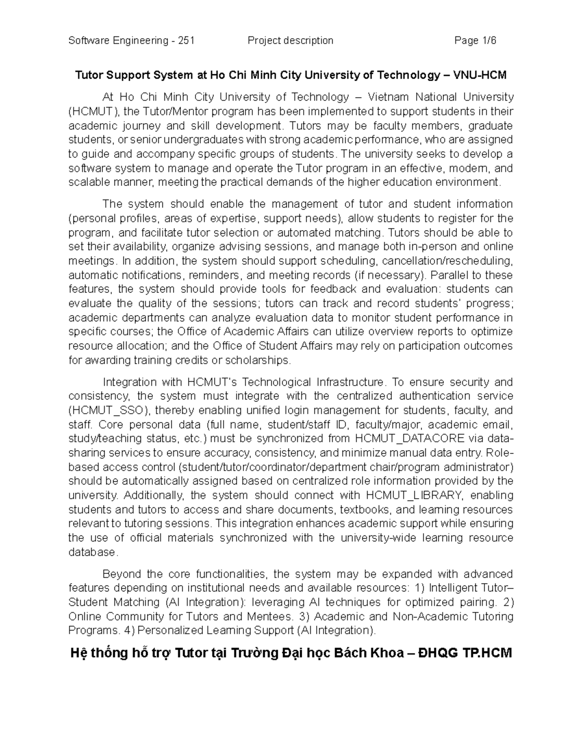 SE251 Project Description: Tutor Support System at HCMUT - Studocu