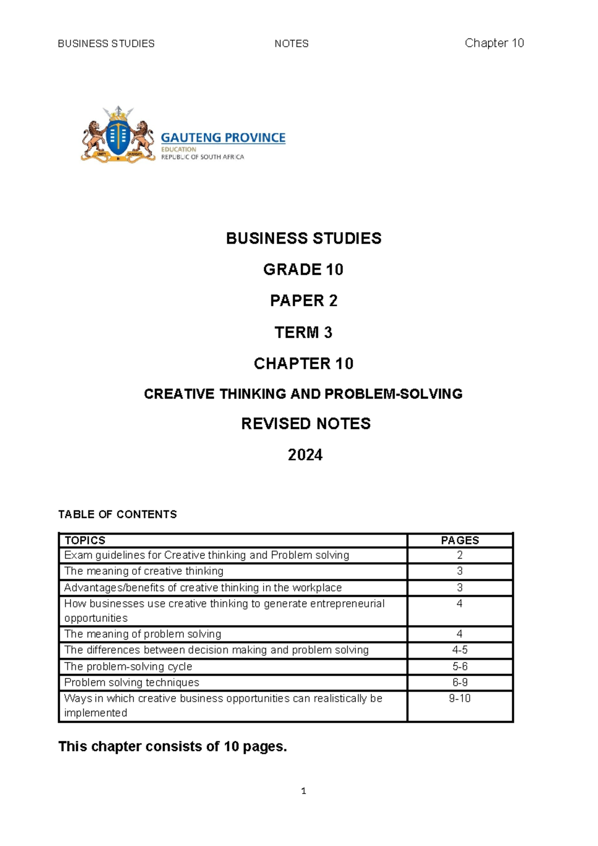 BUSINESS STUDIES GRADE 10 TERM 3 CH11: Creative Thinking & Problem Solving - Studocu