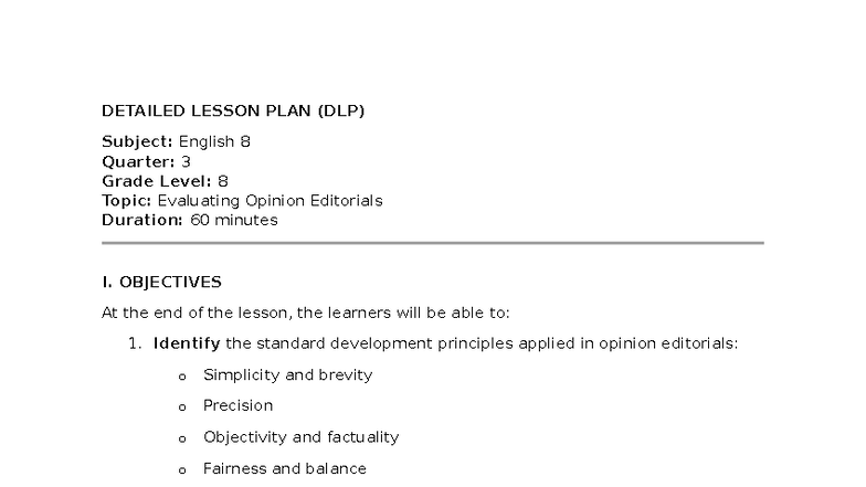 Detailed Lesson Plan (DLP) for English 8: Evaluating Opinion Editorials ...