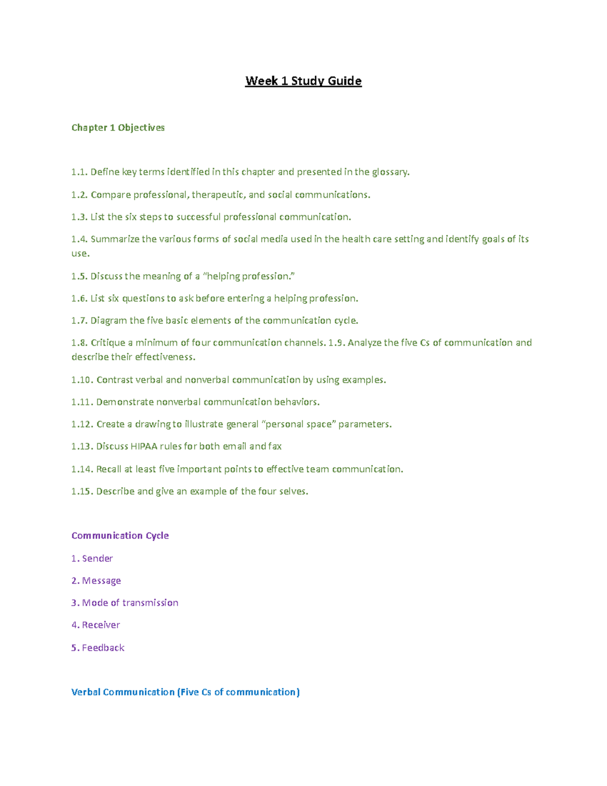 Week 1 Study Guide: Therapeutic Communication Fundamentals - Studocu