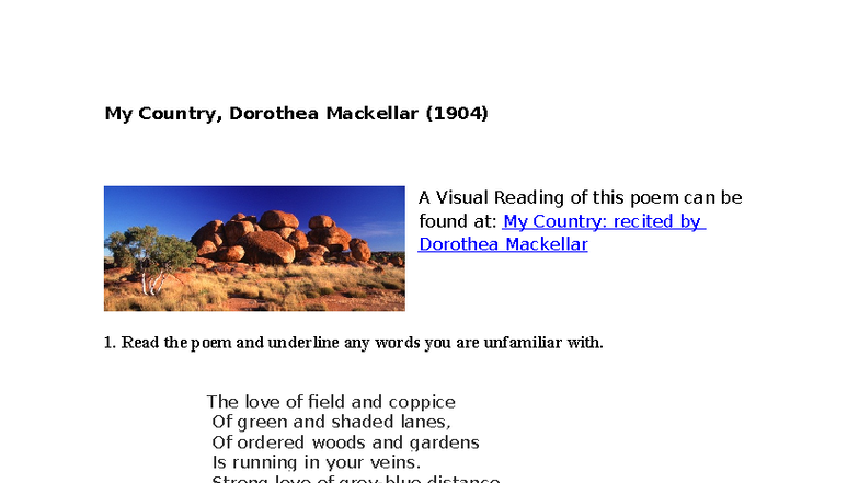 My Country (Dorothea Mackellar) Poem Analysis & Activities - Studocu