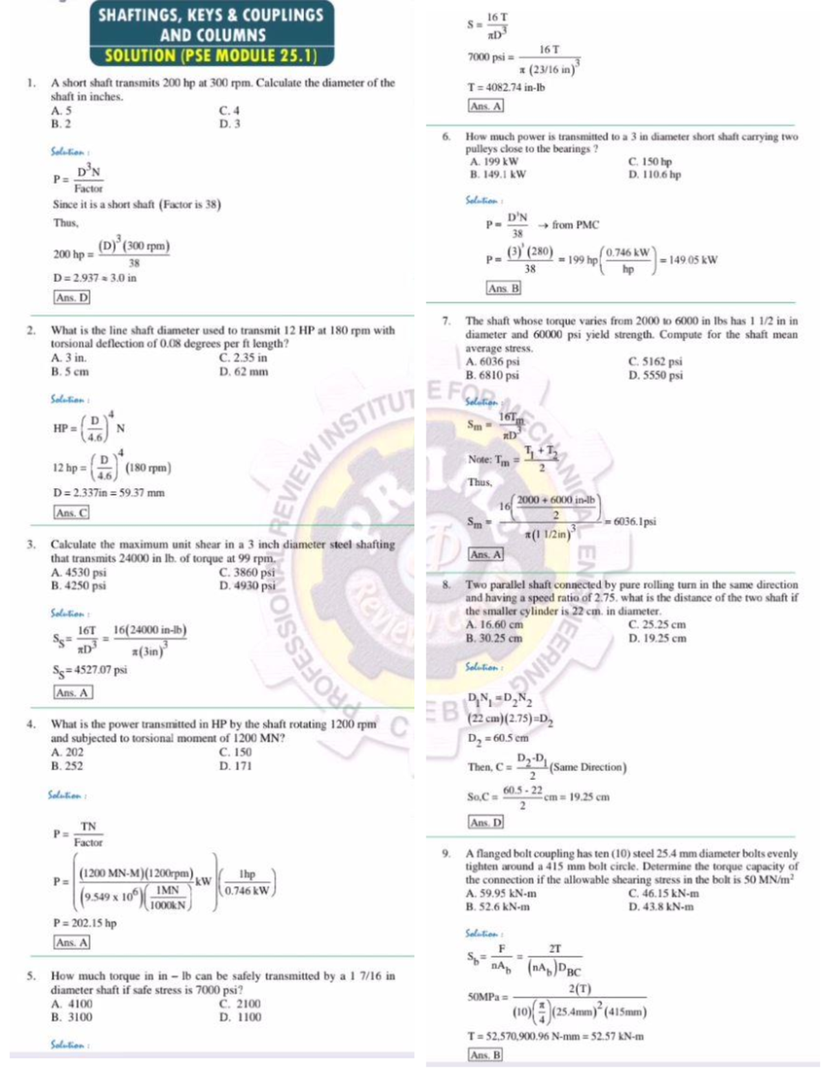 Answer Key for PSE Module 25.1: Shaftings, Keys, Couplings, & Columns ...