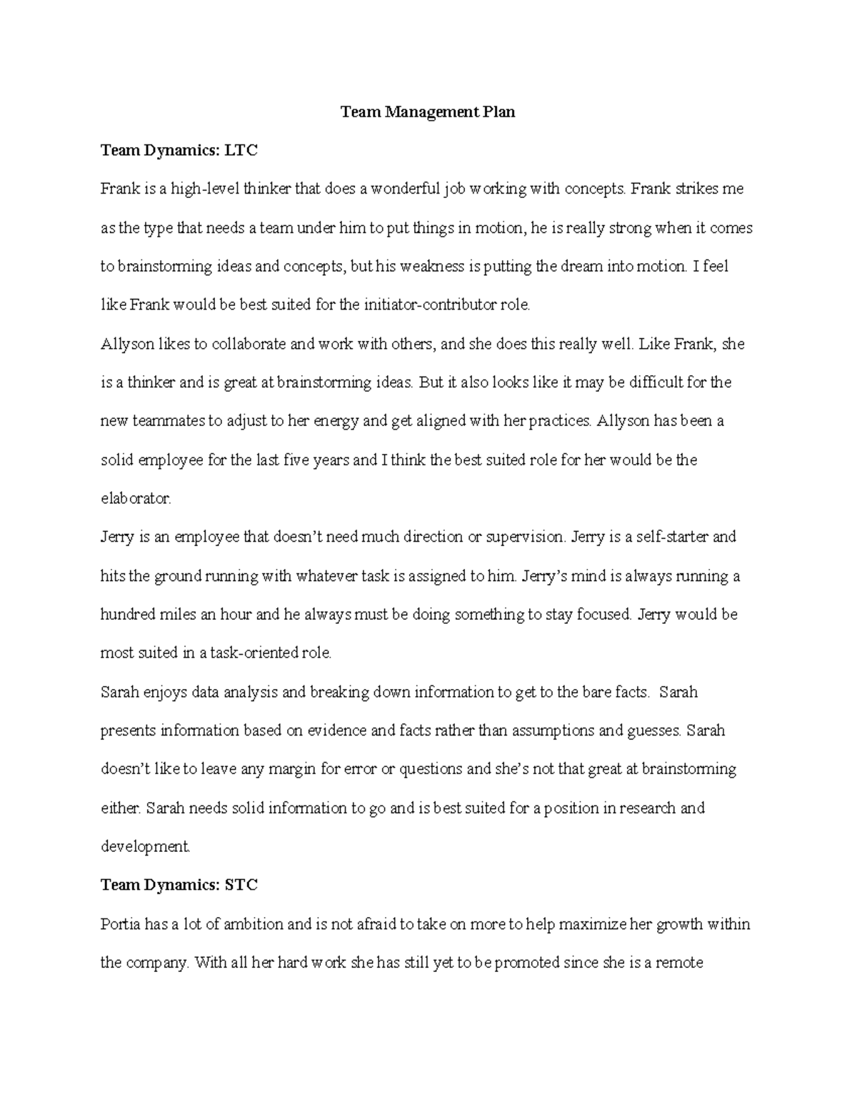 5-3 Project Two - Team Management Plan Team Dynamics: LTC Frank is a ...