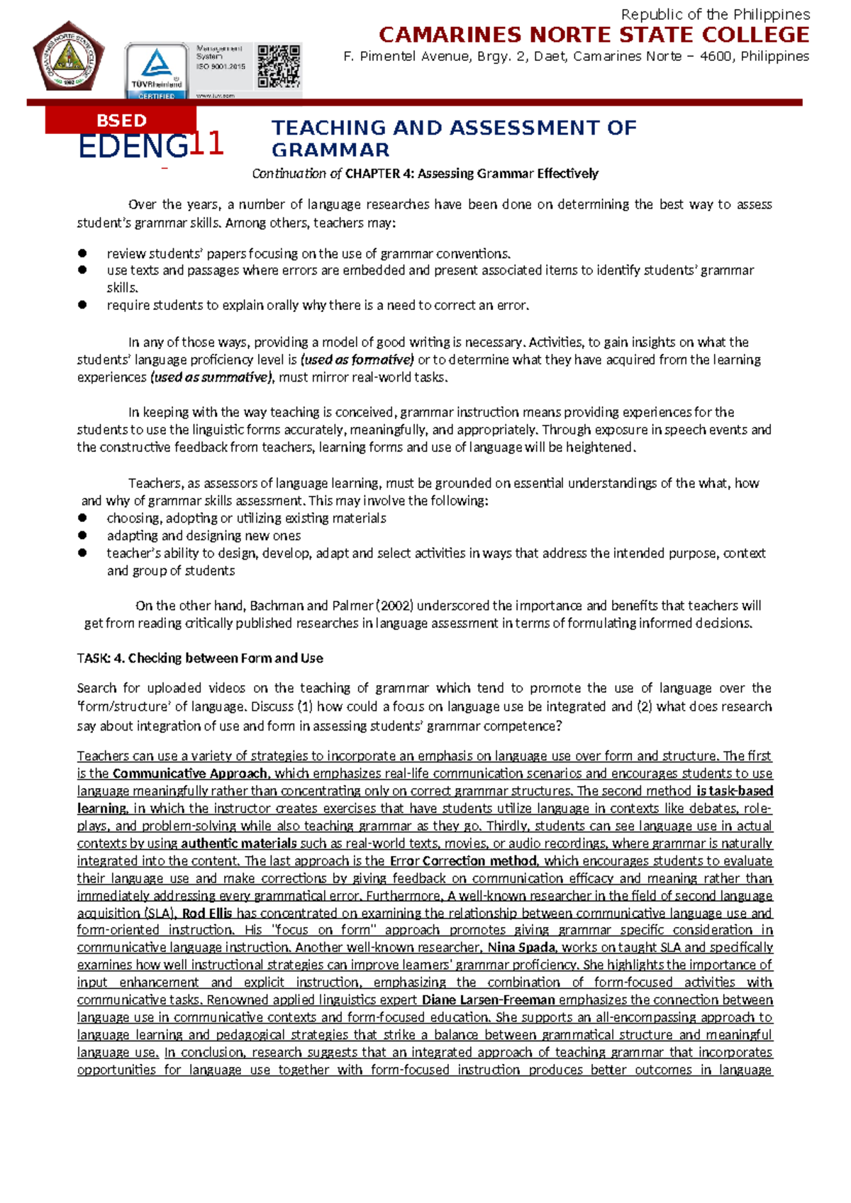 Edeng 110 Worksheet on Chapter 4 B - CAMARINES NORTE STATE COLLEGE F ...