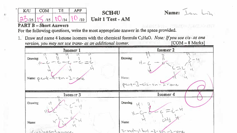Unit 1 Test Chemistry SCH4U - Short Answer Questions - Studocu