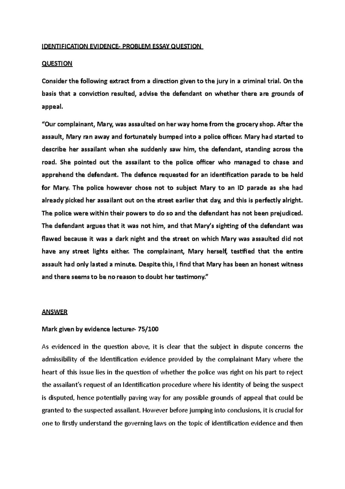 ID evidence essay - Grade: A- IDENTIFICATION EVIDENCE- PROBLEM ESSAY ...