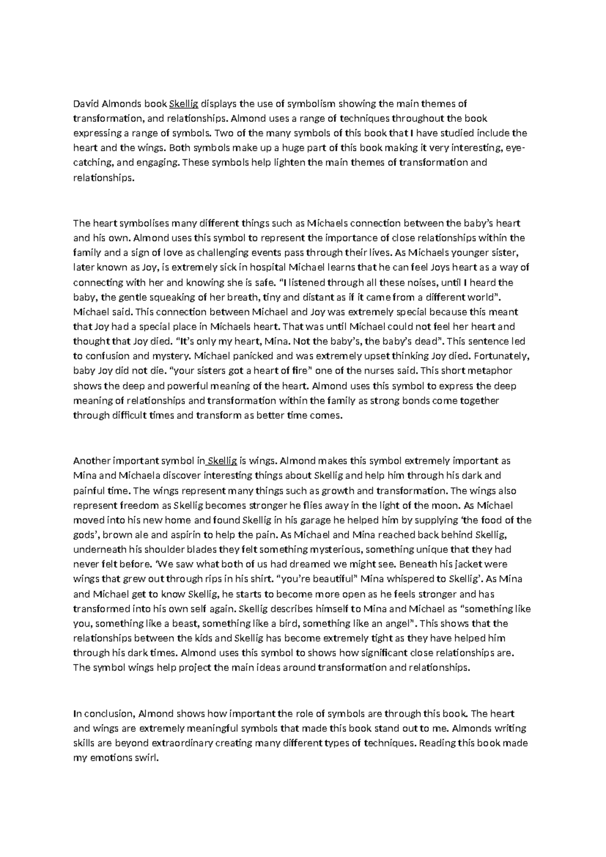 Skellig Symbolism Analysis: Transformation & Relationships - Studocu