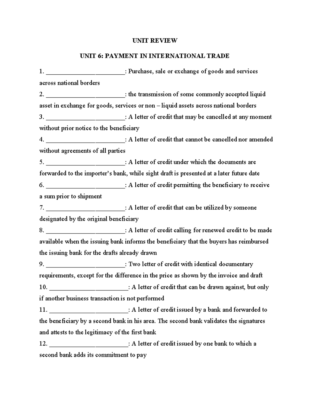 UNIT 6 Review: Payment in International Trade - TACN3 - Studocu