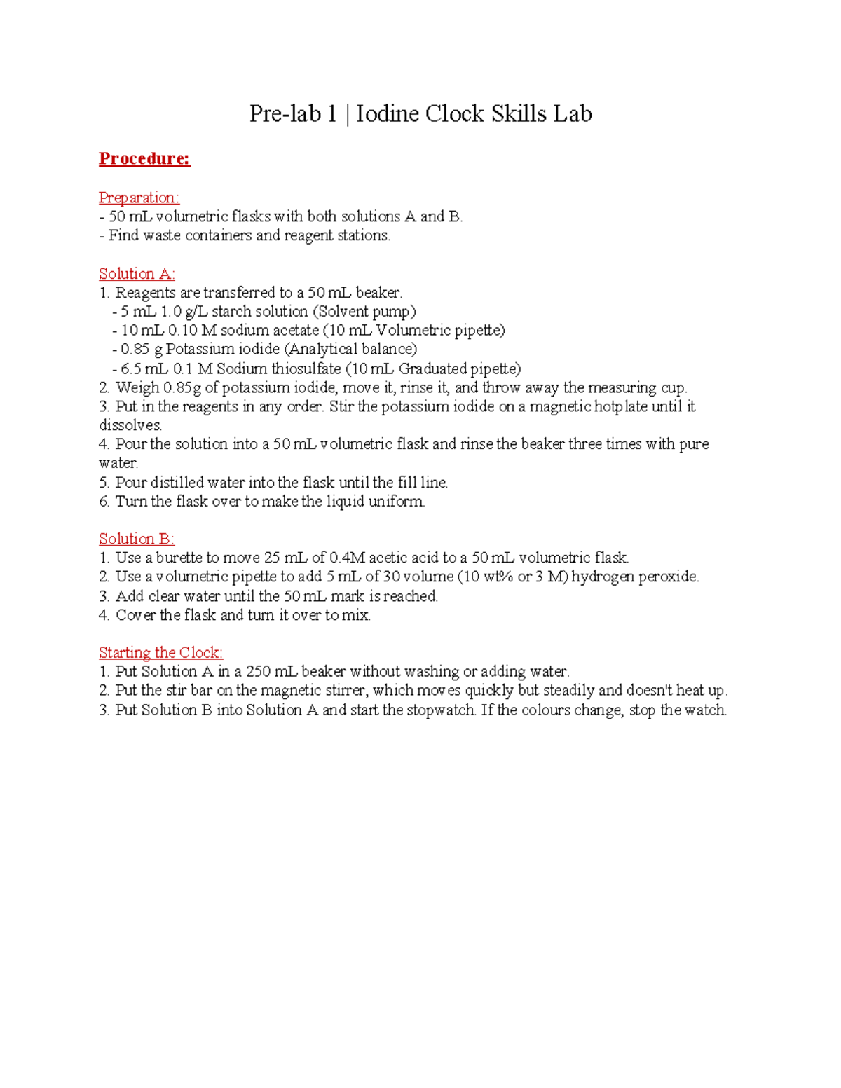 Pre-lab 1 Iodine Clock Skills Lab - Pre-lab 1 | Iodine Clock Skills Lab ...
