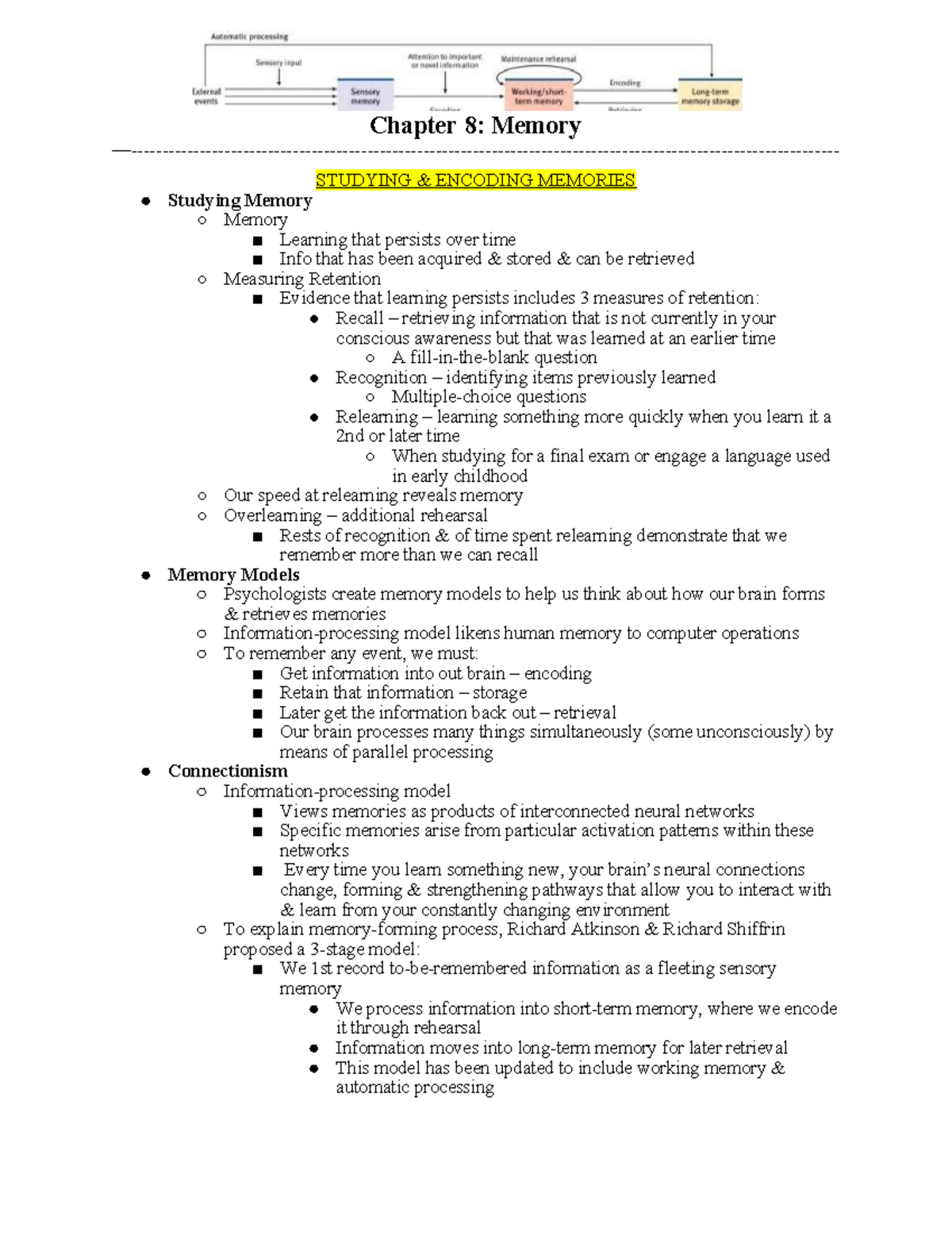 Chapter 8-Notes - Summary Psychology - Chapter 8: Memory —- STUDYING ...