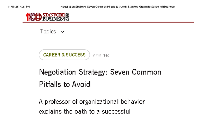Negotiation Strategy: 7 Common Pitfalls to Avoid - Stanford GSB - Studocu