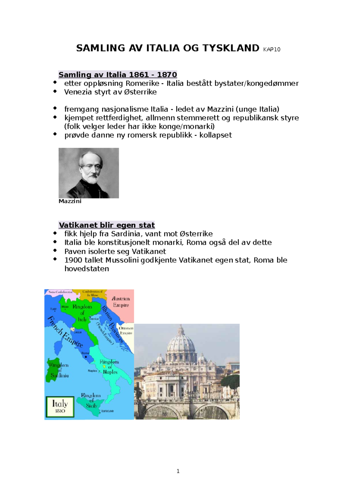 Kap 10: Samling av Italia og Tyskland (1861-1871) - Studocu