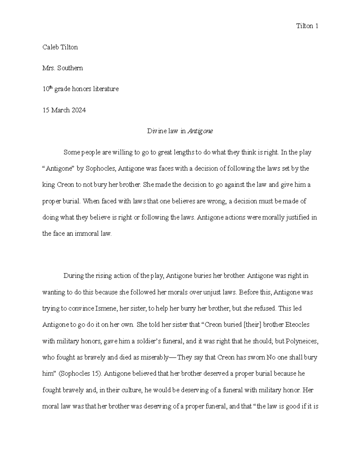 Antigone essay - divine law and moral choices in Sophocles' play - Studocu