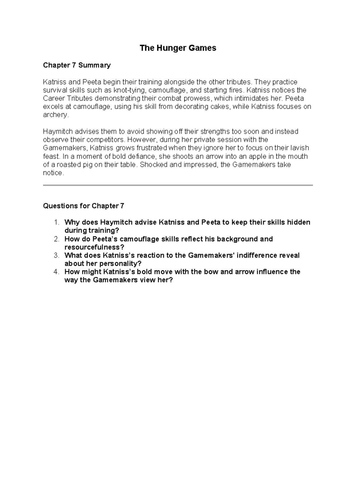 Chapter 7-8 - The Hunger Games Chapter 7 Summary Katniss and Peeta ...