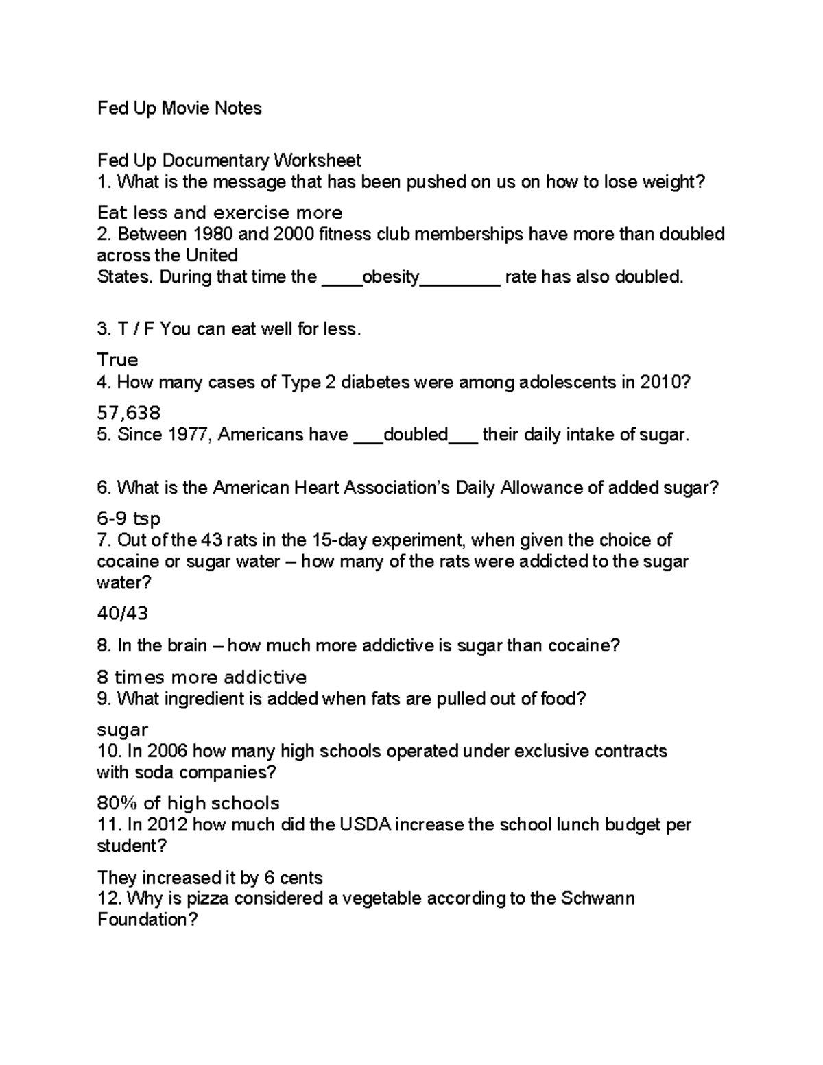 Fed Up Documentary Notes - Key Insights and Observations - Studocu